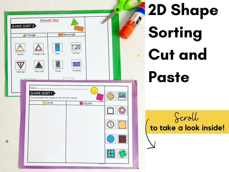 2D Shape Sorting Cut and Paste Activity Worksheets for Kindergarten ...