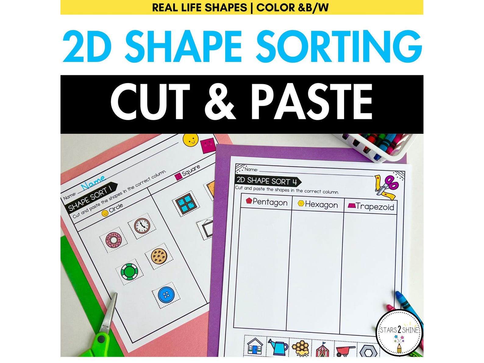 2D Shape Sorting Cut and Paste Activity Worksheets for Kindergarten ...