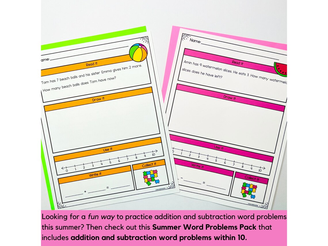 Summer Word Problems | Printable Kindergarten Addition and Subtraction ...