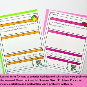 Summer Word Problems | Printable Kindergarten Addition and Subtraction ...