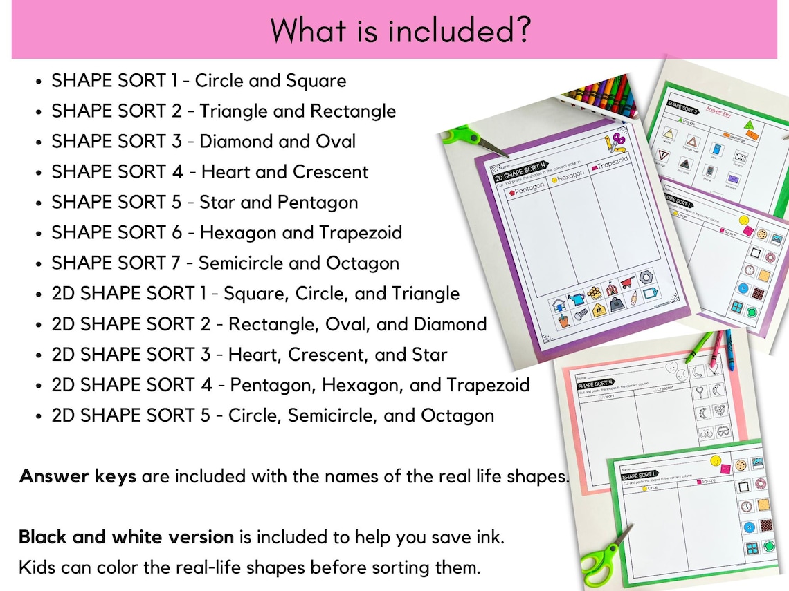 2D Shape Sorting Cut and Paste Activity Worksheets for Kindergarten ...