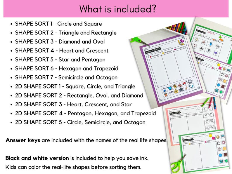 2D Shape Sorting Cut and Paste Activity Worksheets for Kindergarten ...