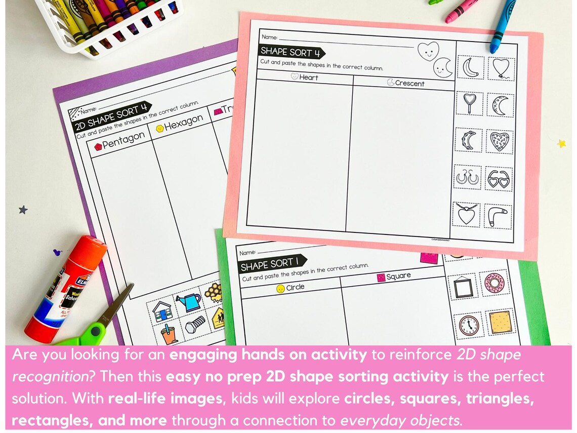 2D Shape Sorting Cut and Paste Activity Worksheets for Kindergarten ...