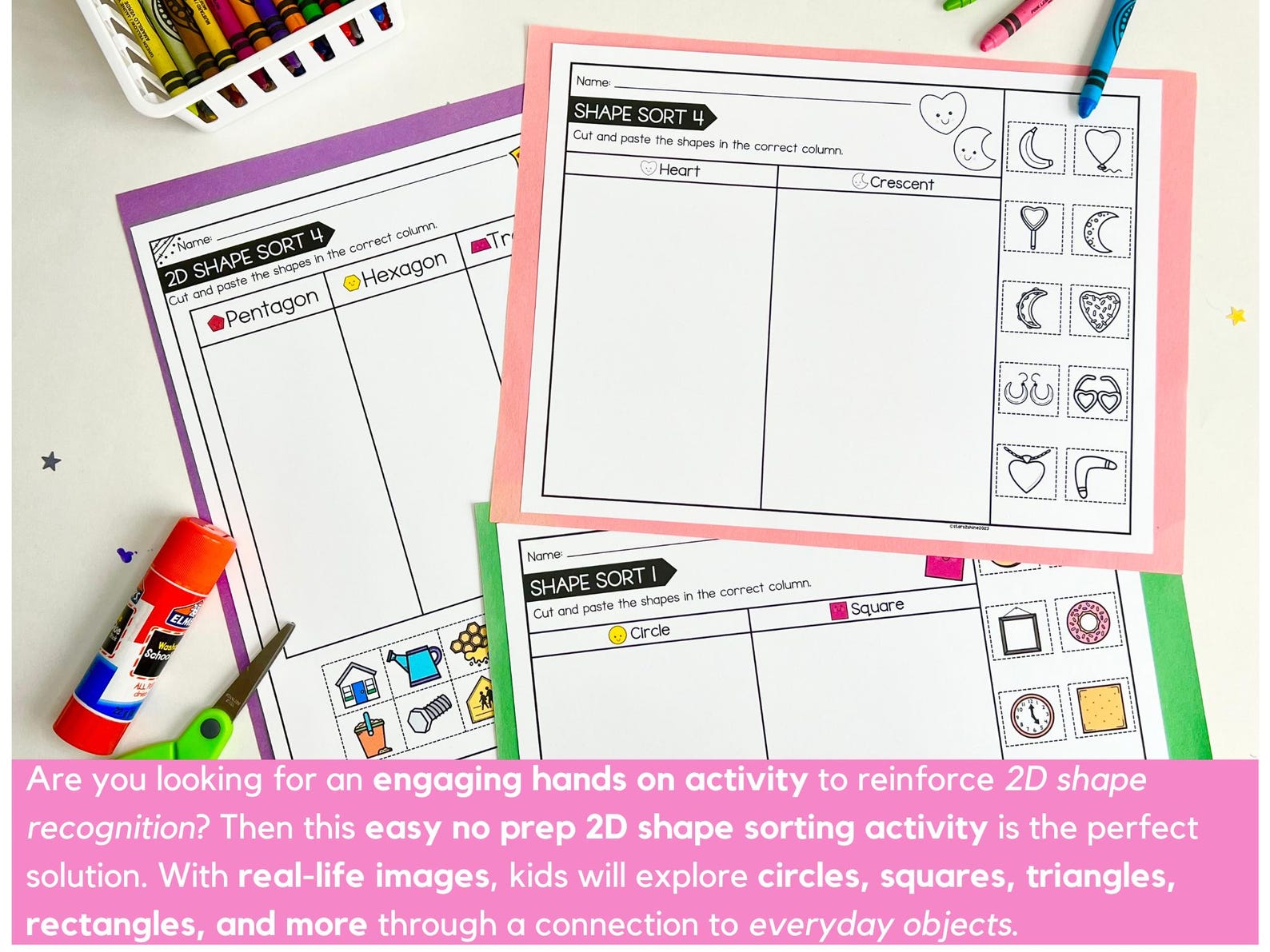 2D Shape Sorting Cut and Paste Activity Worksheets for Kindergarten ...