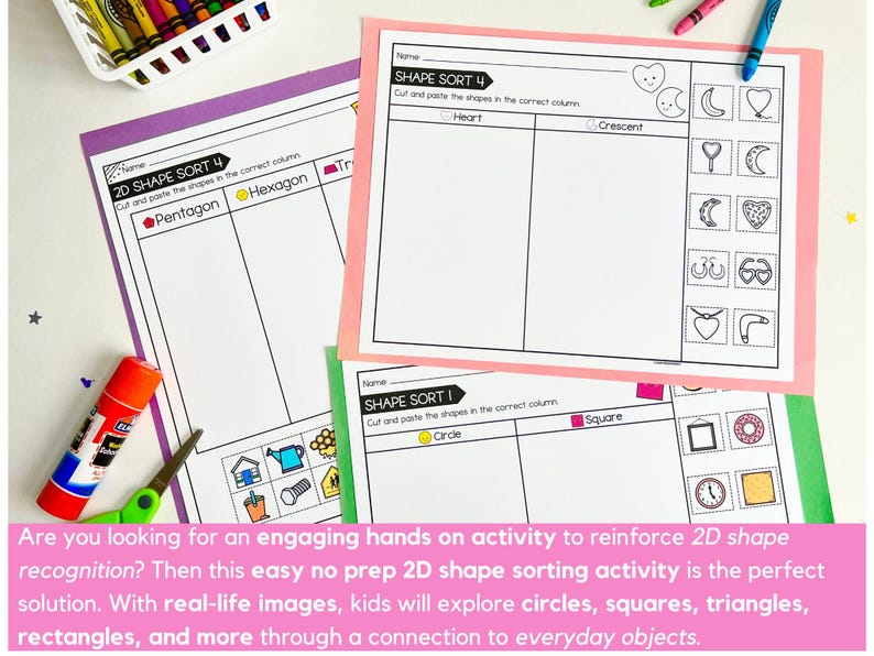 2D Shape Sorting Cut and Paste Activity Worksheets for Kindergarten ...