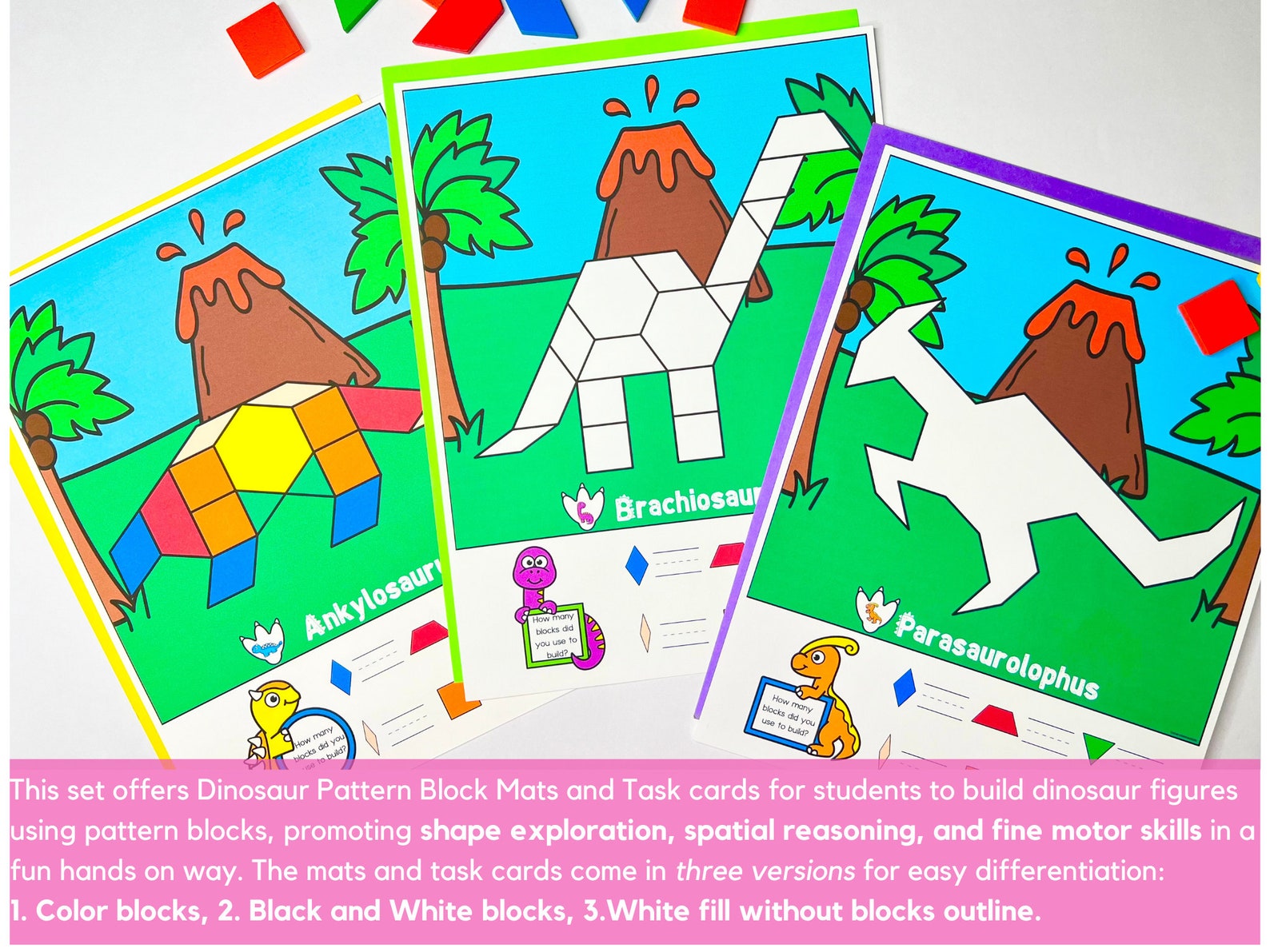 Dinosaur Pattern Blocks Mats and Task Cards | Pattern Block Templates ...