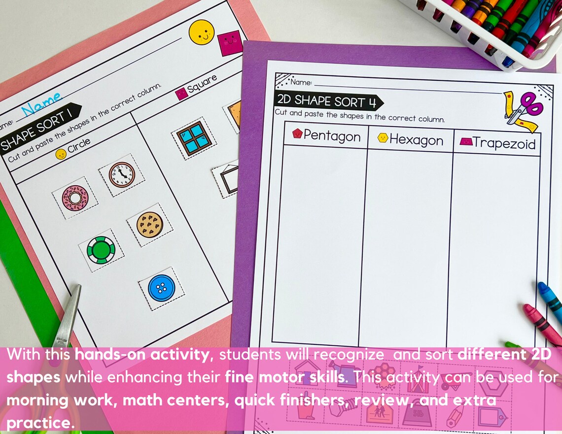 2D Shape Sorting Cut and Paste Activity Worksheets for Kindergarten ...
