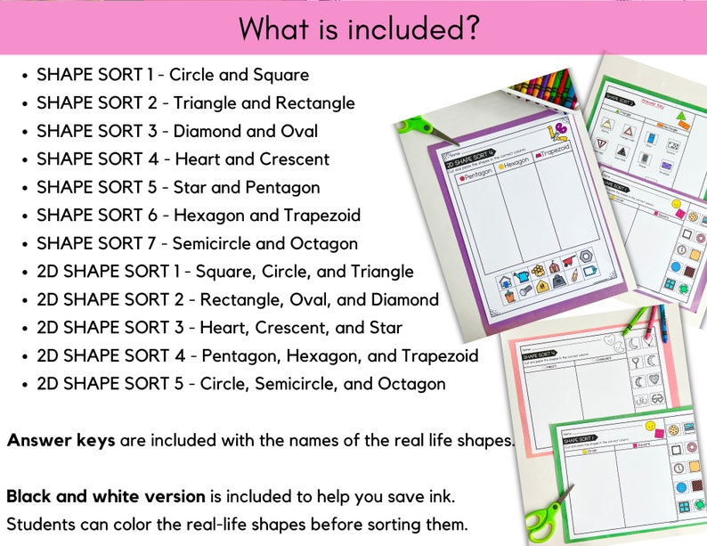 2D Shape Sorting Cut and Paste Activity Worksheets for Kindergarten ...