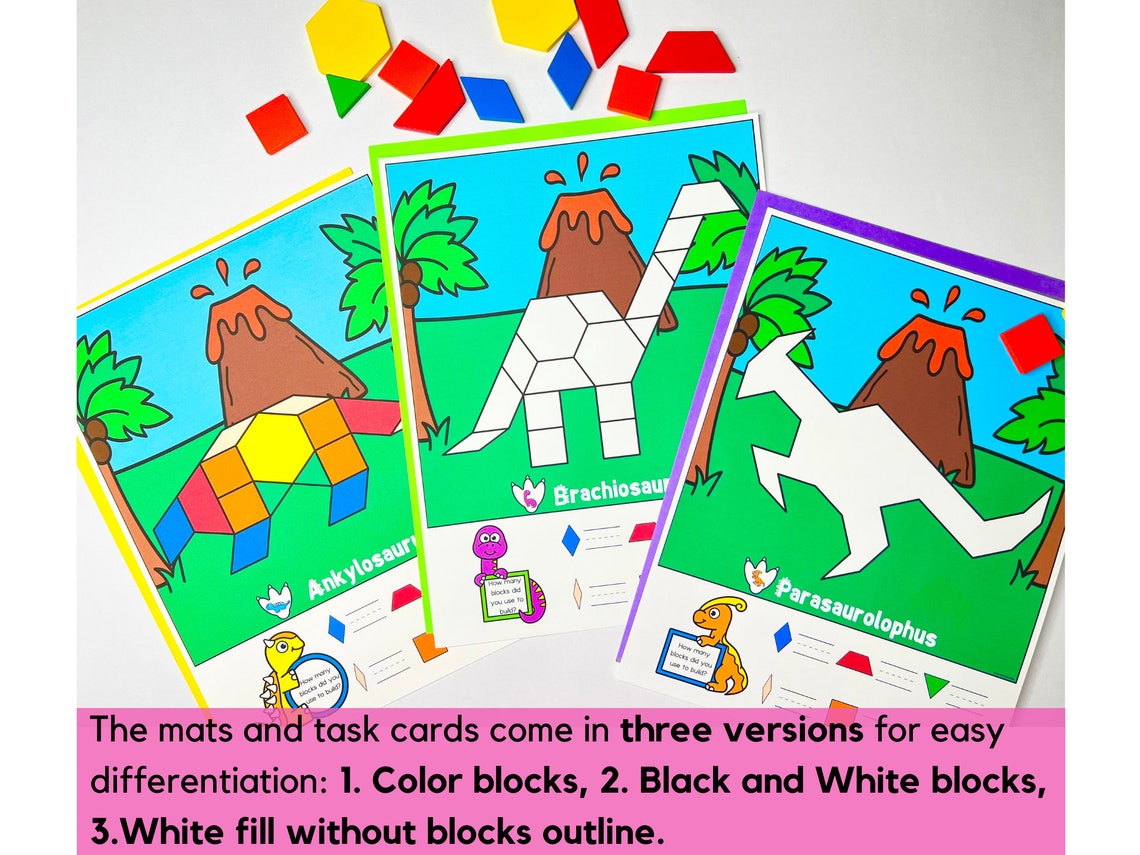 Dinosaur Pattern Blocks Mats and Task Cards | Pattern Block Templates ...