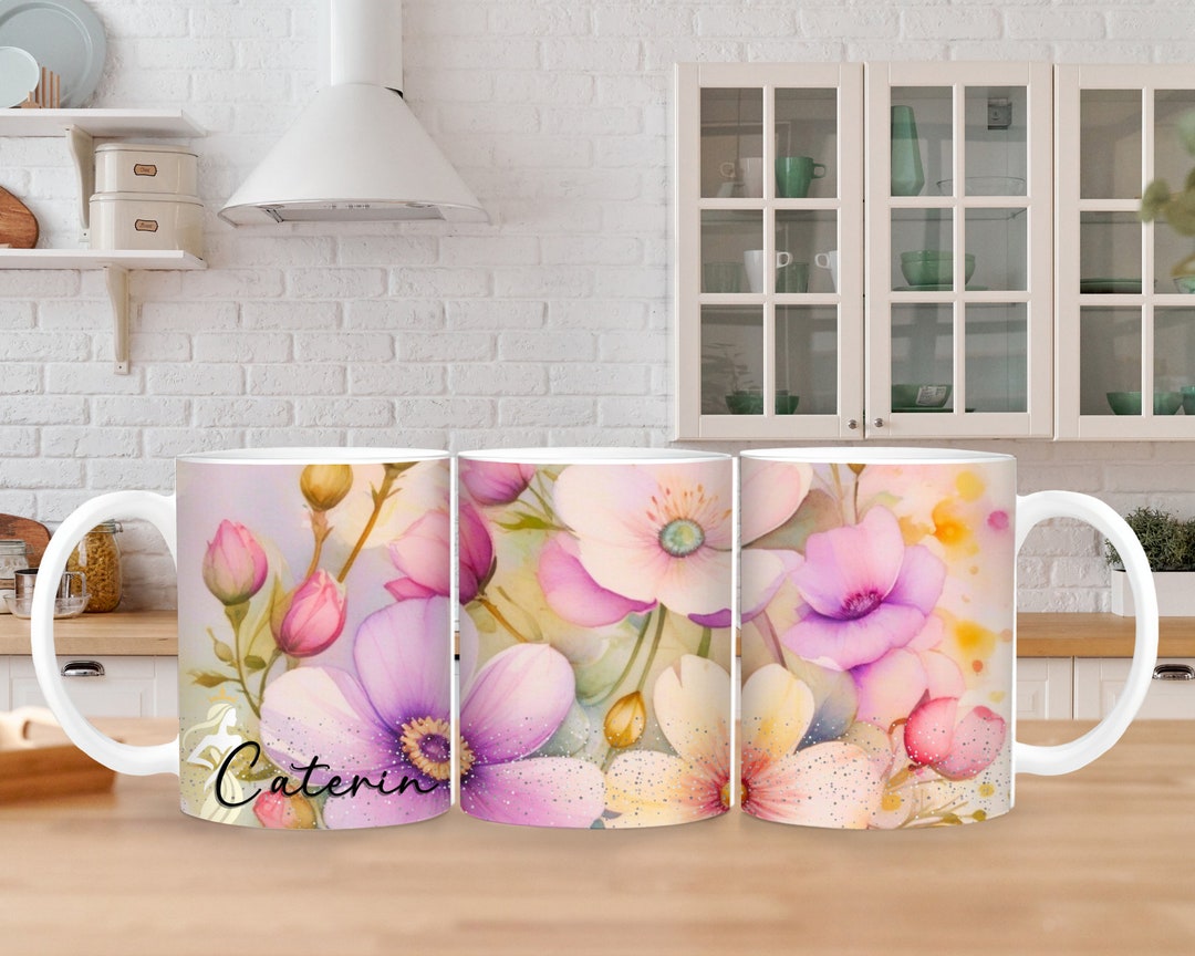 Taza Floral Con Nombre, Taza Con Flores Personalizada, Taza De Café ...