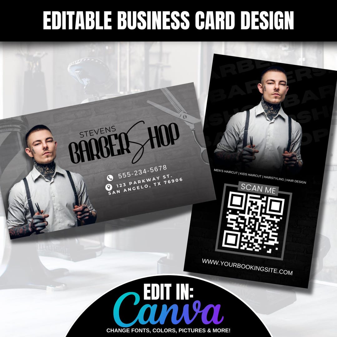 2025 Instagram Barbershop Business Card Template, Editable Black White ...