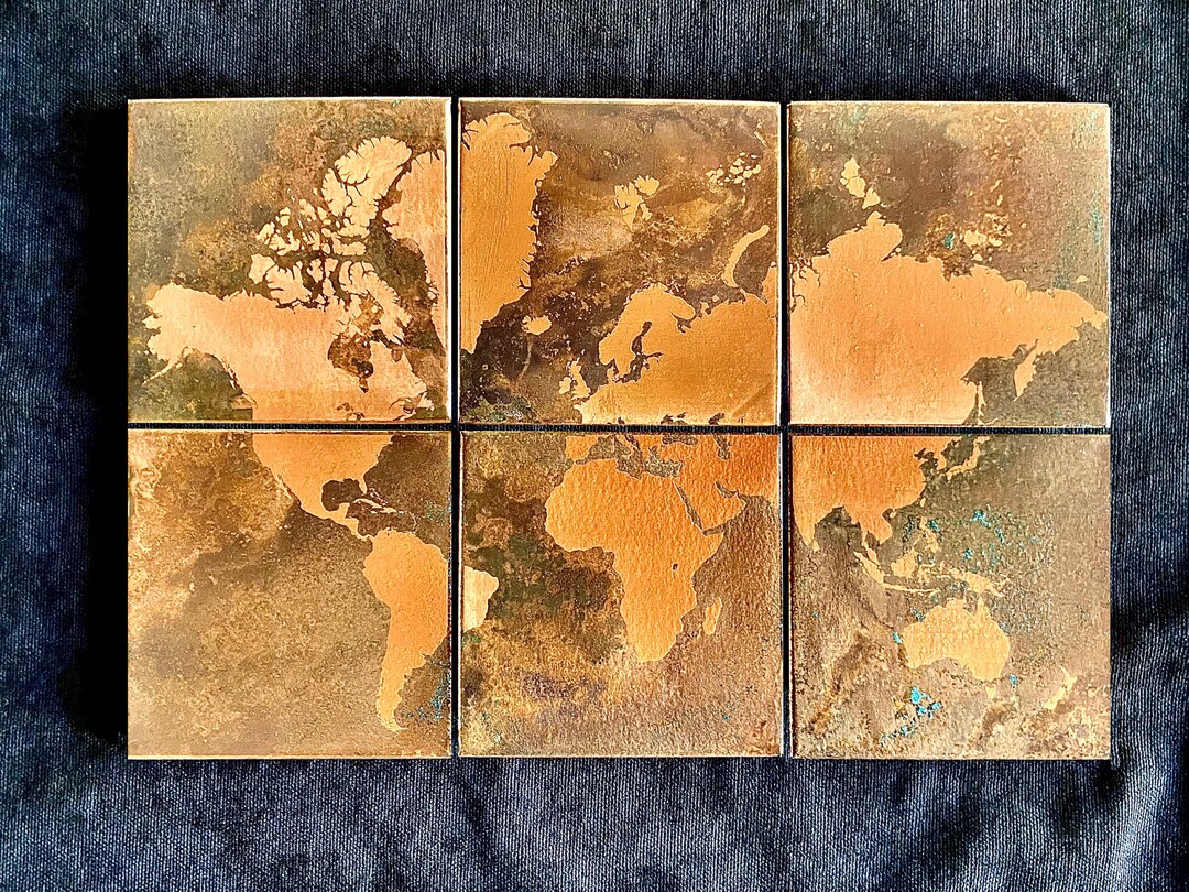 Handmade Copper World Map Tiles, 10x10 Cm, Set of 6, Unique Home Decor ...
