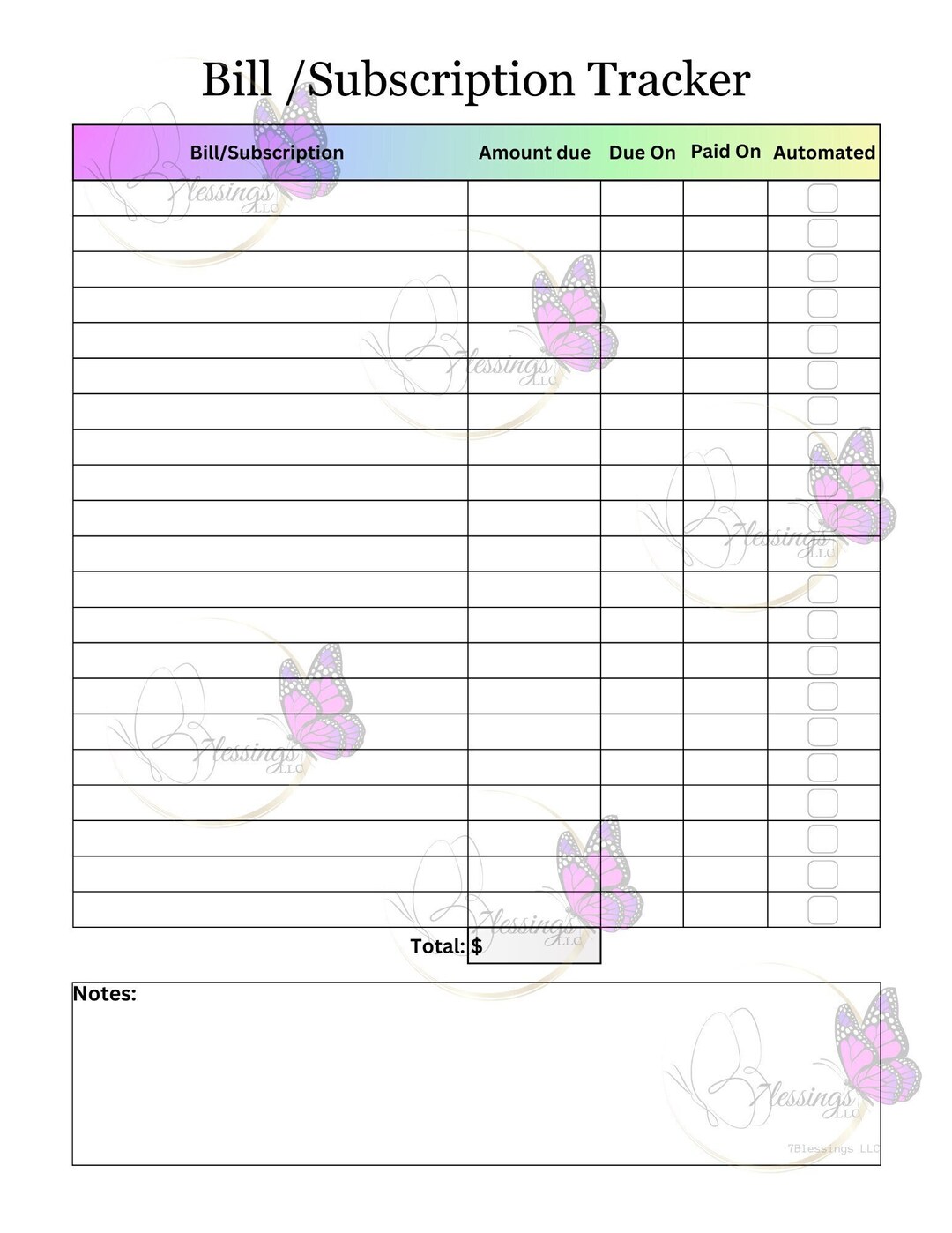 Printable Bill/subscription Tracker-digital - Etsy