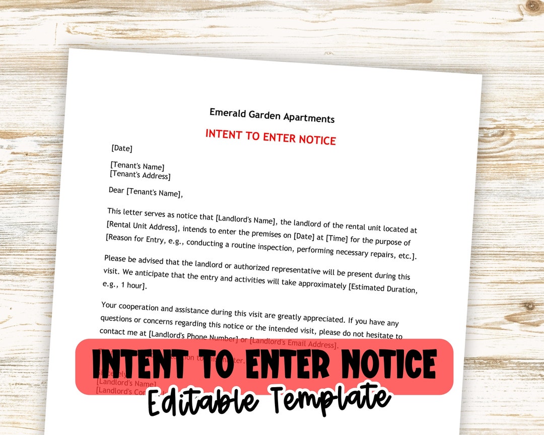Intent to Enter Notice Letter to Tenant, Property Management Form ...