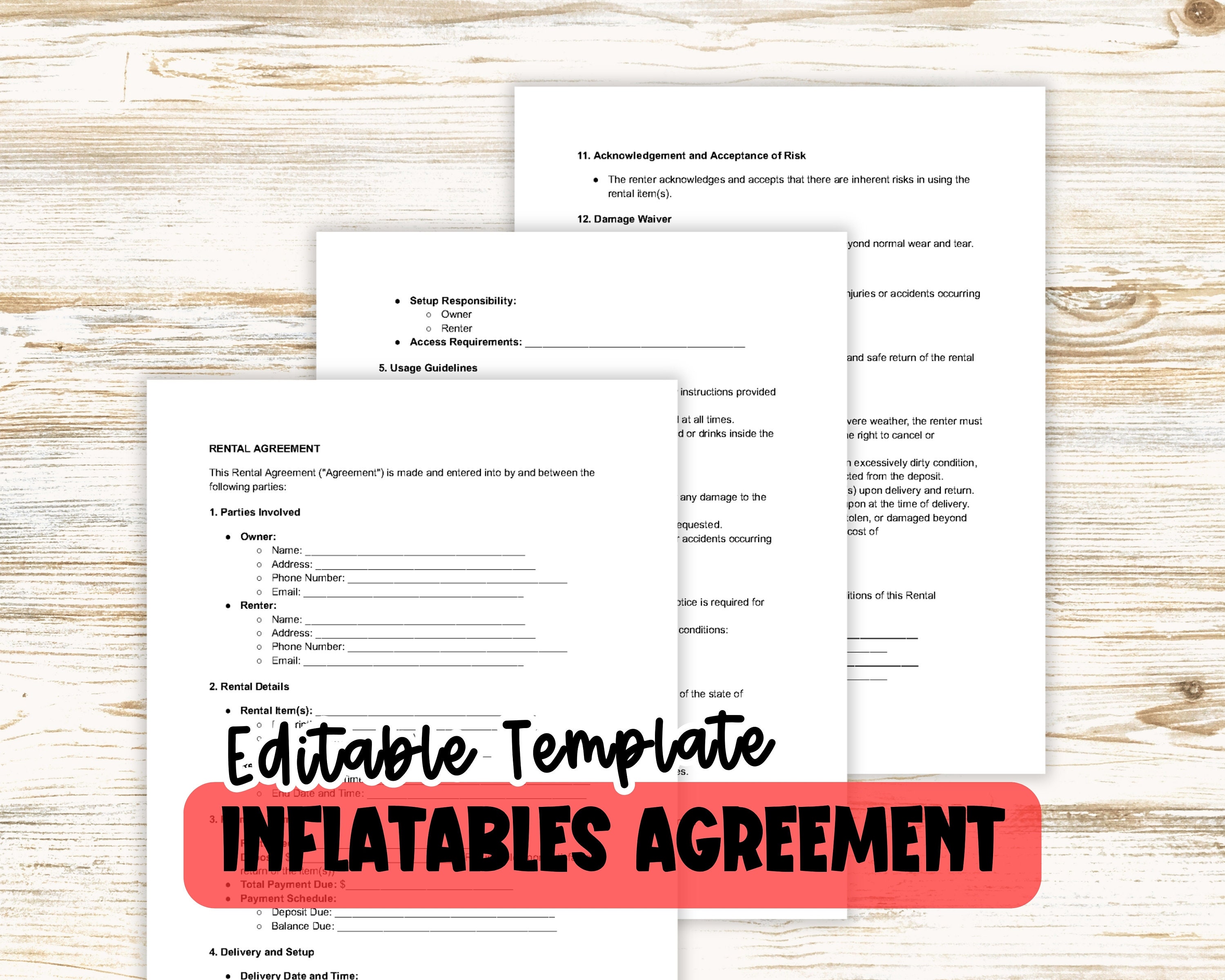 Inflatables Rental Agreement Template Hold Harmless Waiver and Receipt ...
