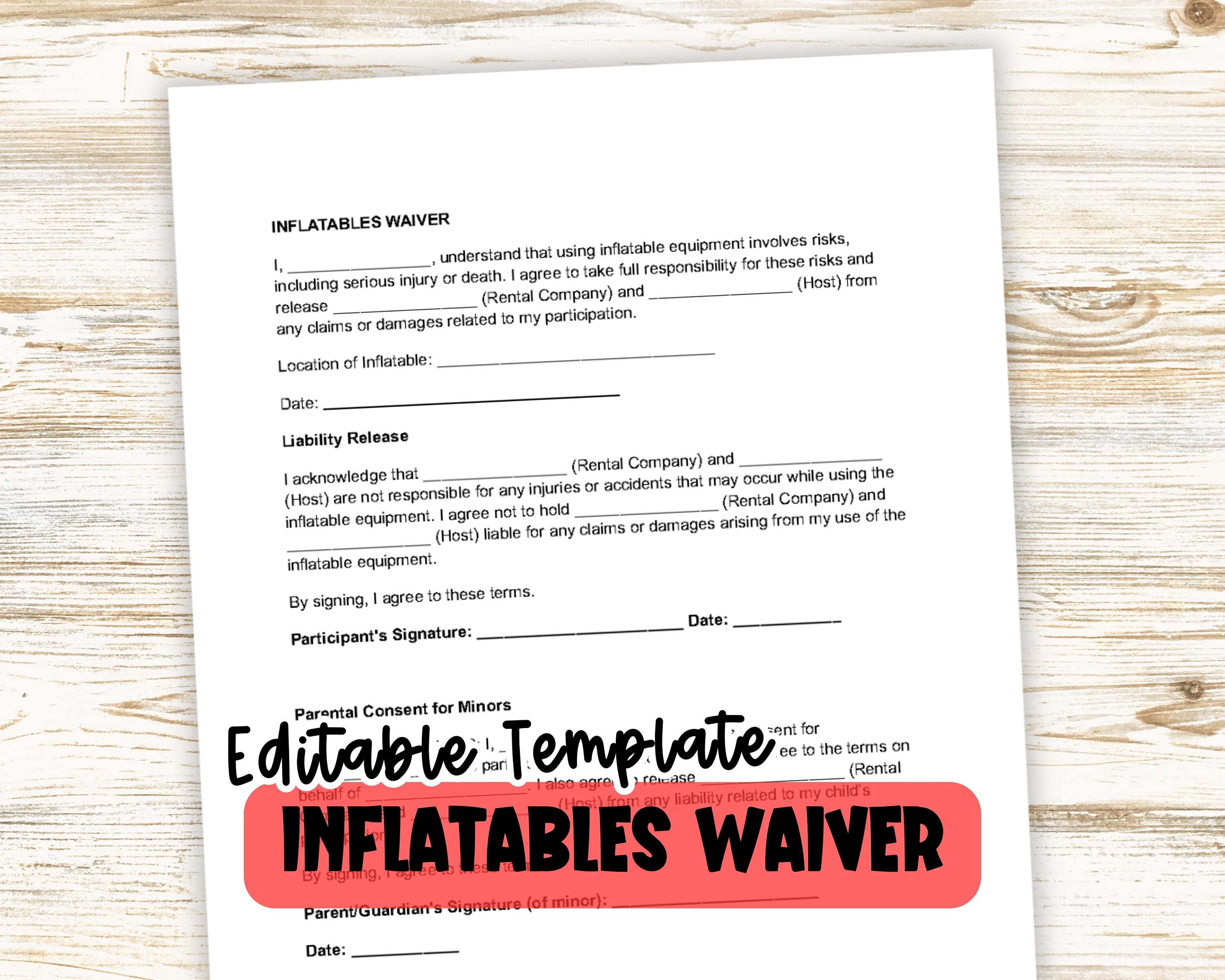 Inflatables Rental Agreement Template Hold Harmless Waiver and Receipt ...