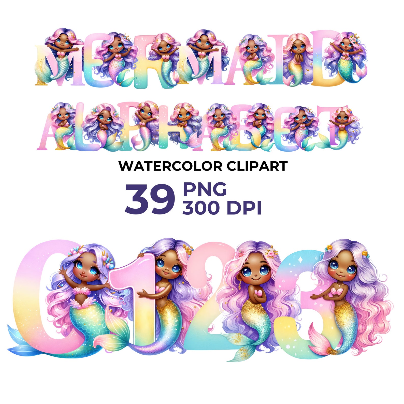 Mermaid Alphabet Clipart Set - Watercolor Mermaid Letters PNG, Vibrant ...