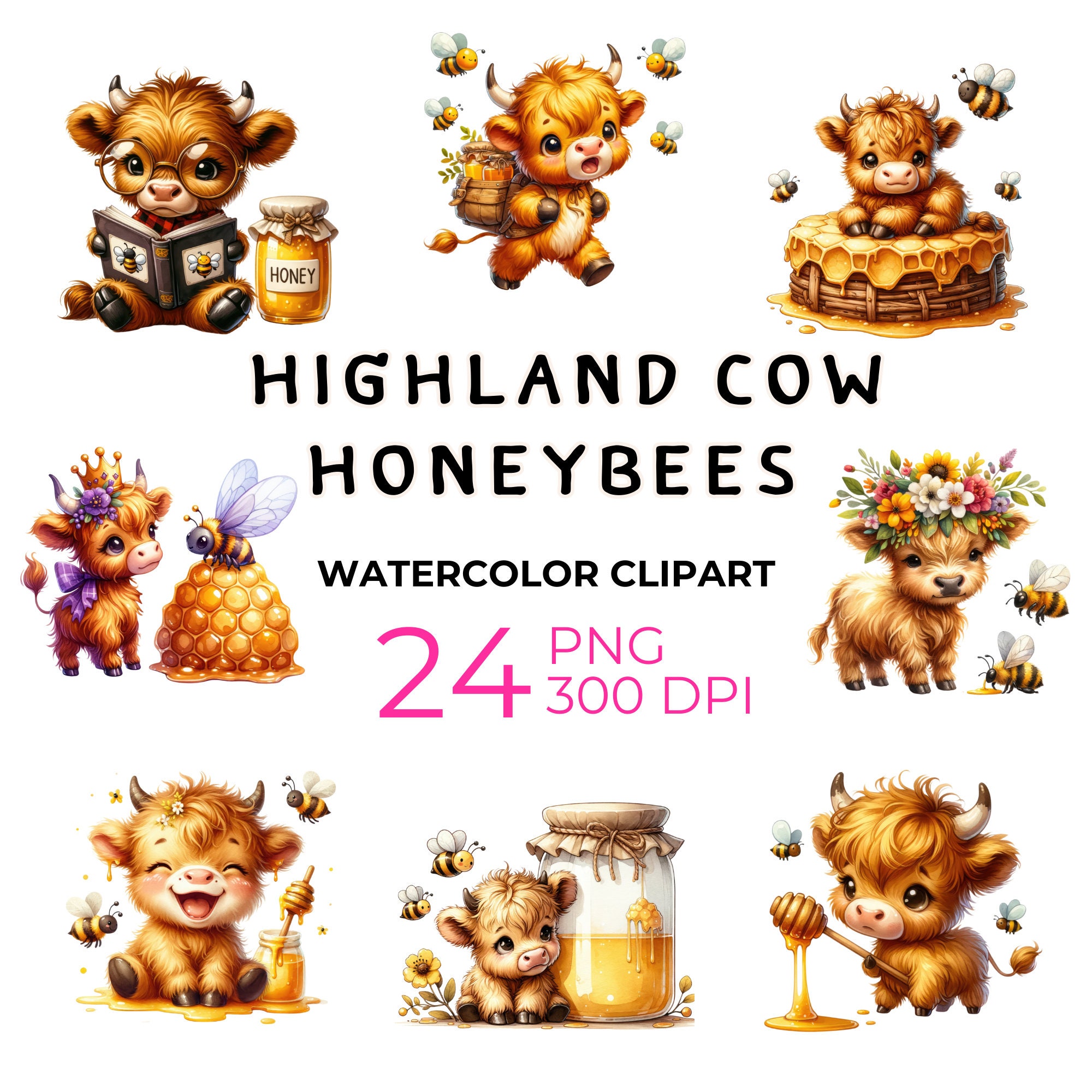 Watercolor Honeybees Highland Cow Clipart, Baby Highland Cow ...