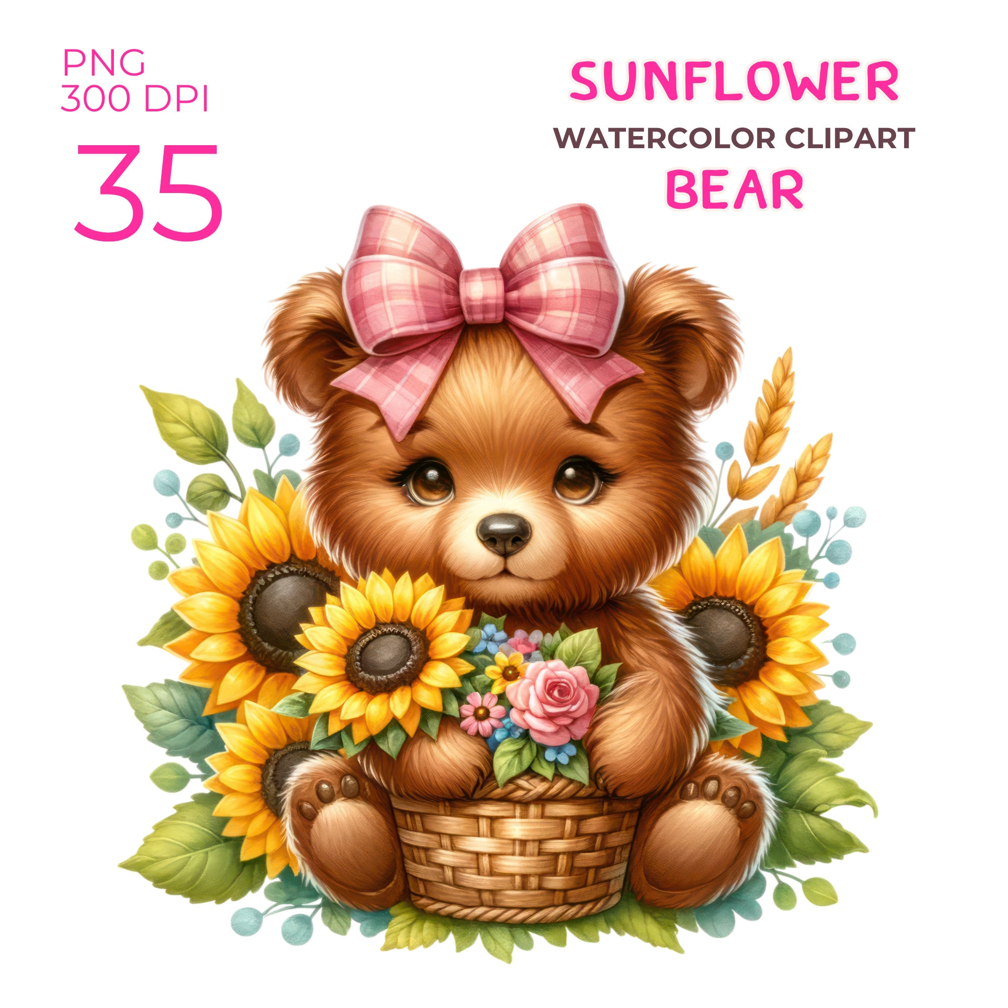 Sunflower Bear Clipart, Watercolor Sunflower Bear, Sunflowers, Teddy ...