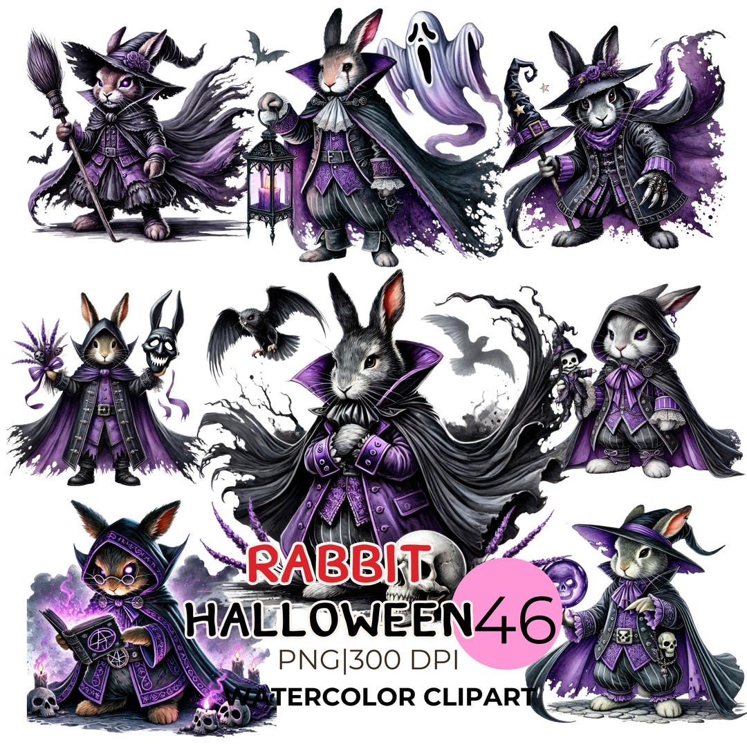 Halloween Rabbit Clipart - Watercolor Witchy Rabbits, Spooky Bats, and ...