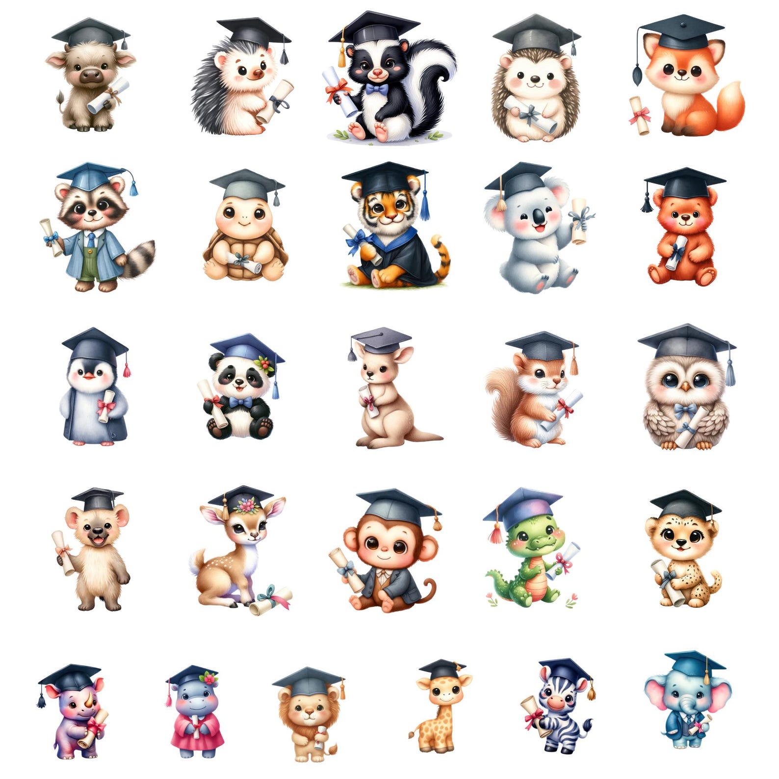 Graduation Animal Clipart Bundle | Watercolor PNG | Cute Animal ...