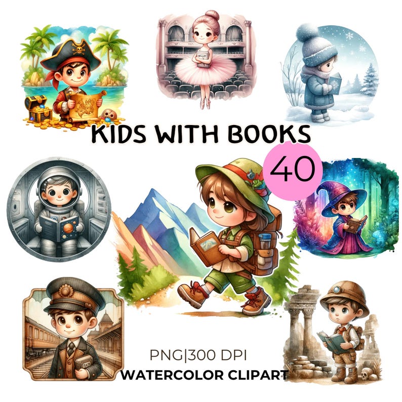 Kids With Books Watercolor Clipart - 40 PNG Files, 300 DPI | Digital ...