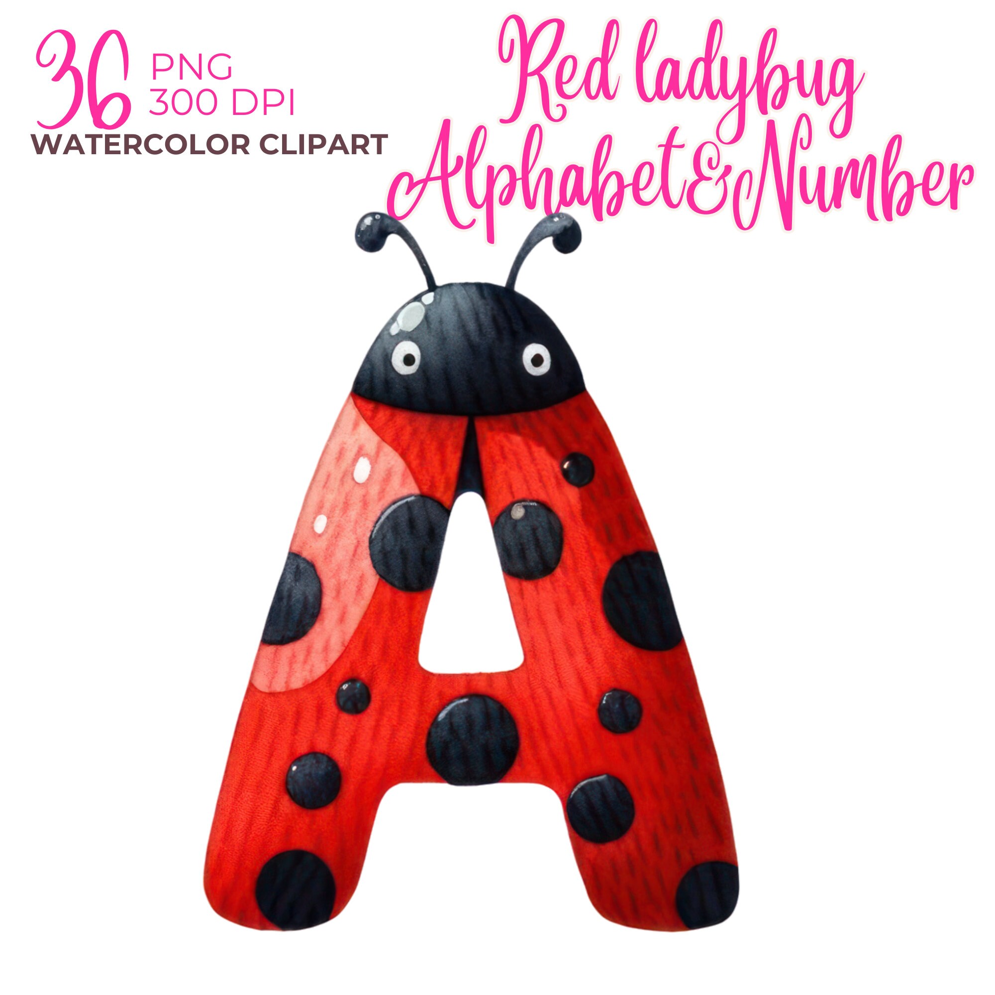 Red Ladybug Alphabet Clipart: Watercolor Letters & Numbers (PNG, 300 ...