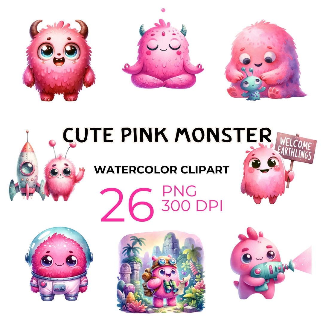 Cute Pink Monsters Watercolor Clipart 26 PNG Transparent Images Kids ...