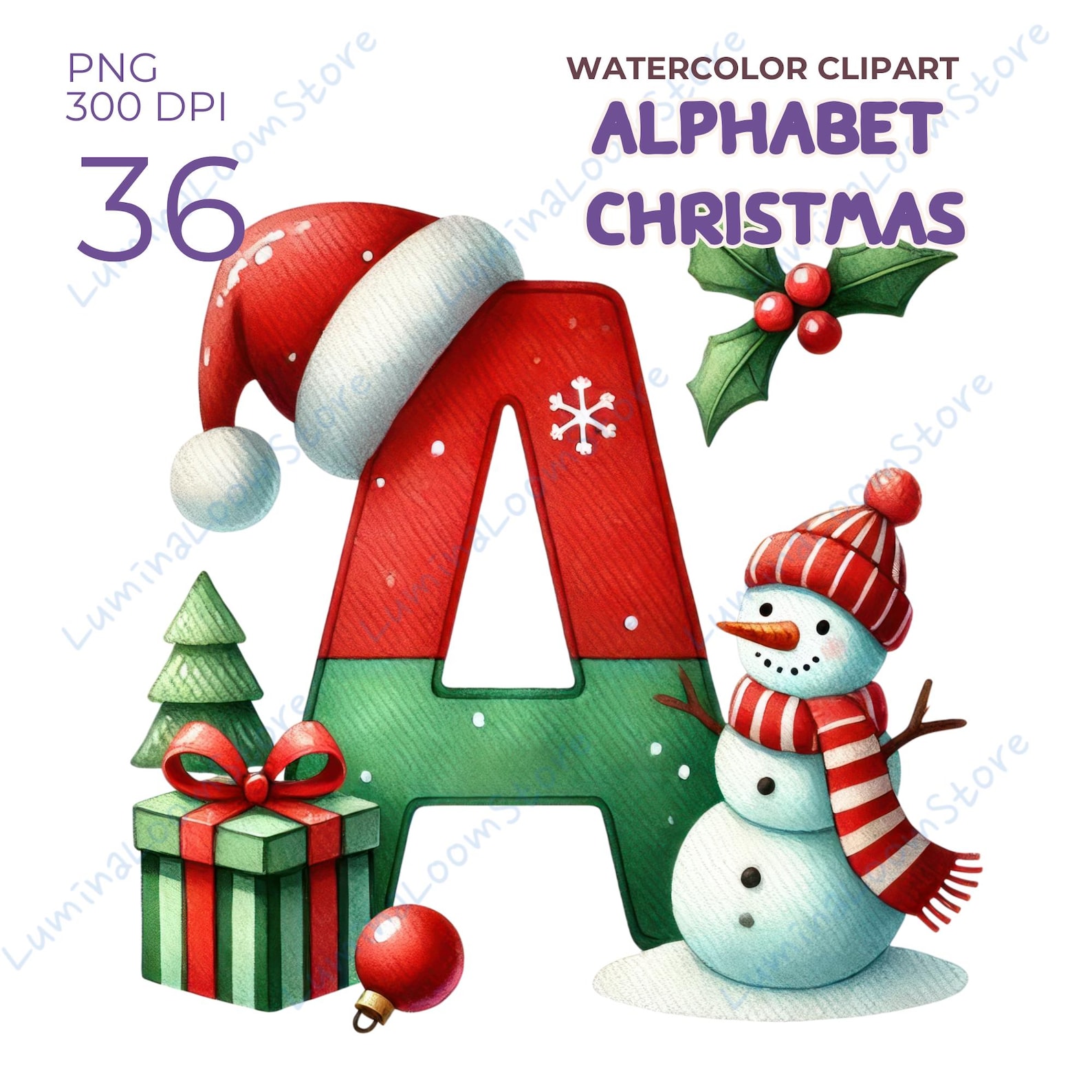 Christmas Alphabet Clipart | 36 PNG Watercolor Letters-numbers ...