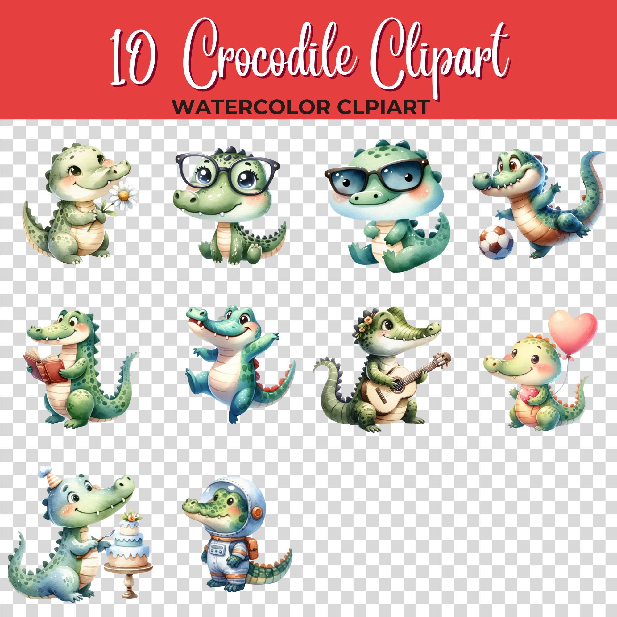 Whimsical Crocodile Watercolor Clipart Set: Playful Alligator PNG ...