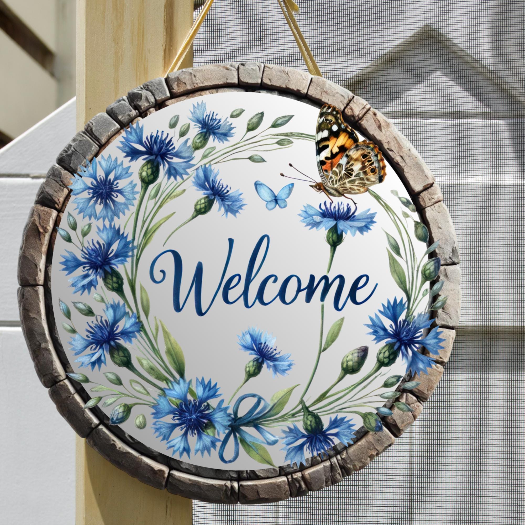 Blue Floral Welcome Sign, Butterfly Door Sign, Rustic Stone Printable ...