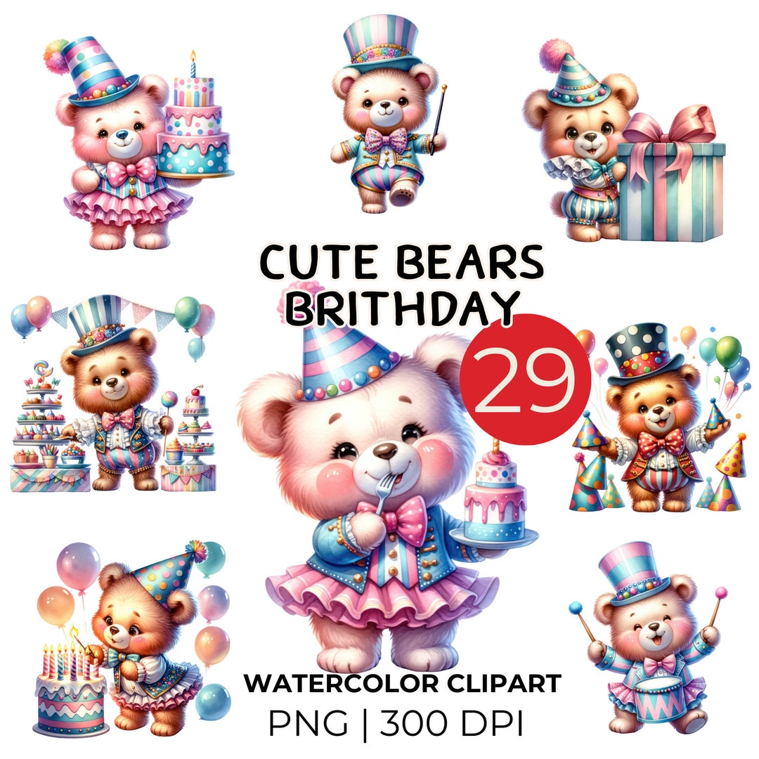 Cute Bears Celebration Clipart - Adorable Birthday Bears Watercolor ...