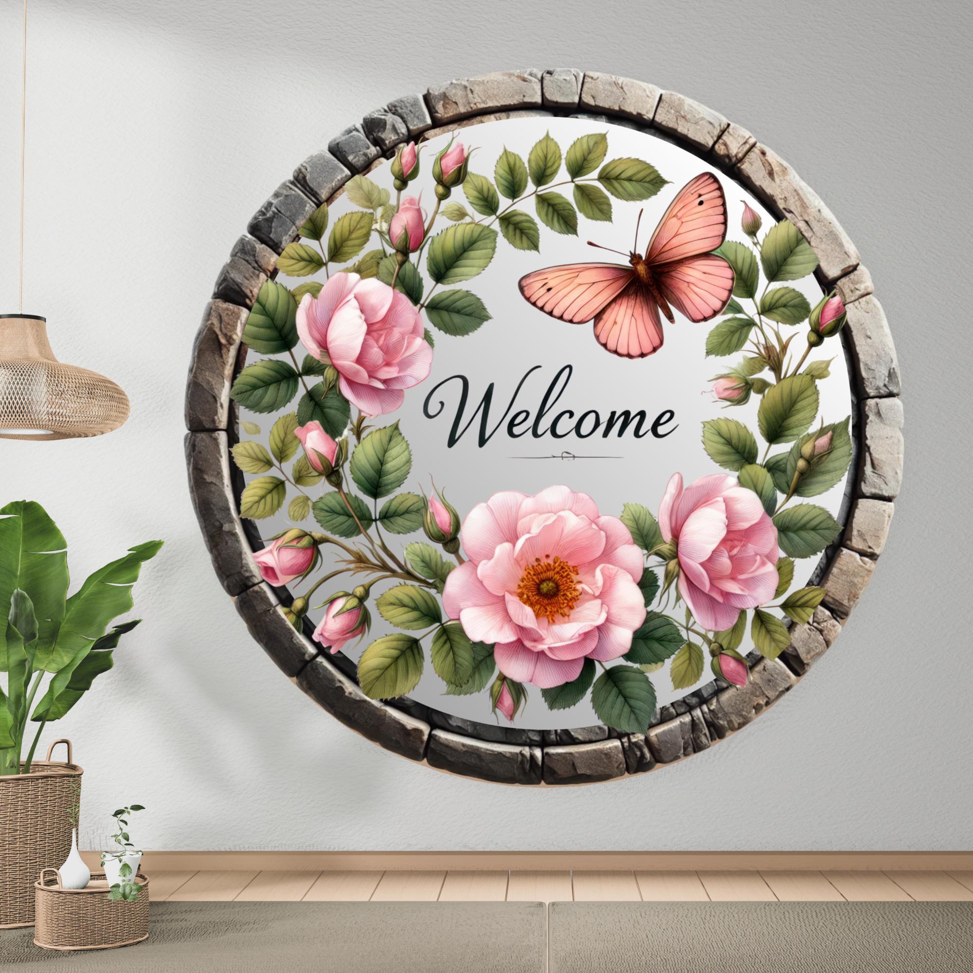 Floral Rose Welcome Sign, Butterfly Wall Art, Rustic Stone Printable ...