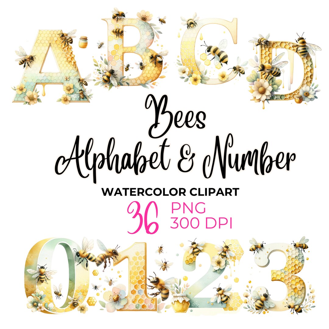 Bee-themed Alphabet and Numbers Clipart Set - Watercolor ABC and 123 ...