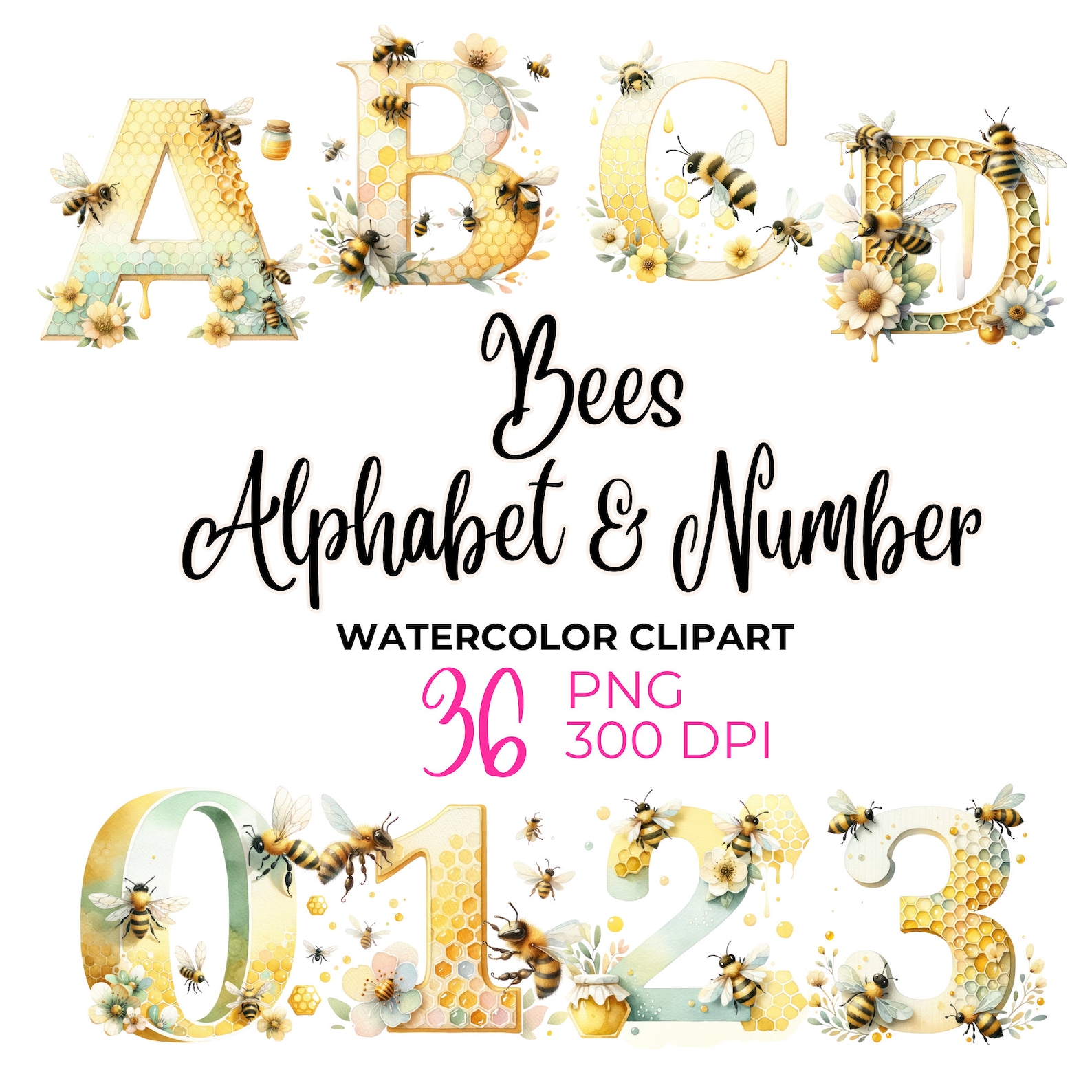 Bee Alphabet and Numbers Watercolor Clipart Set (digital Download) - Etsy