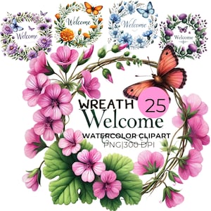 Floral Welcome Wreath Clipart | Watercolor Butterfly and Flowers PNG ...