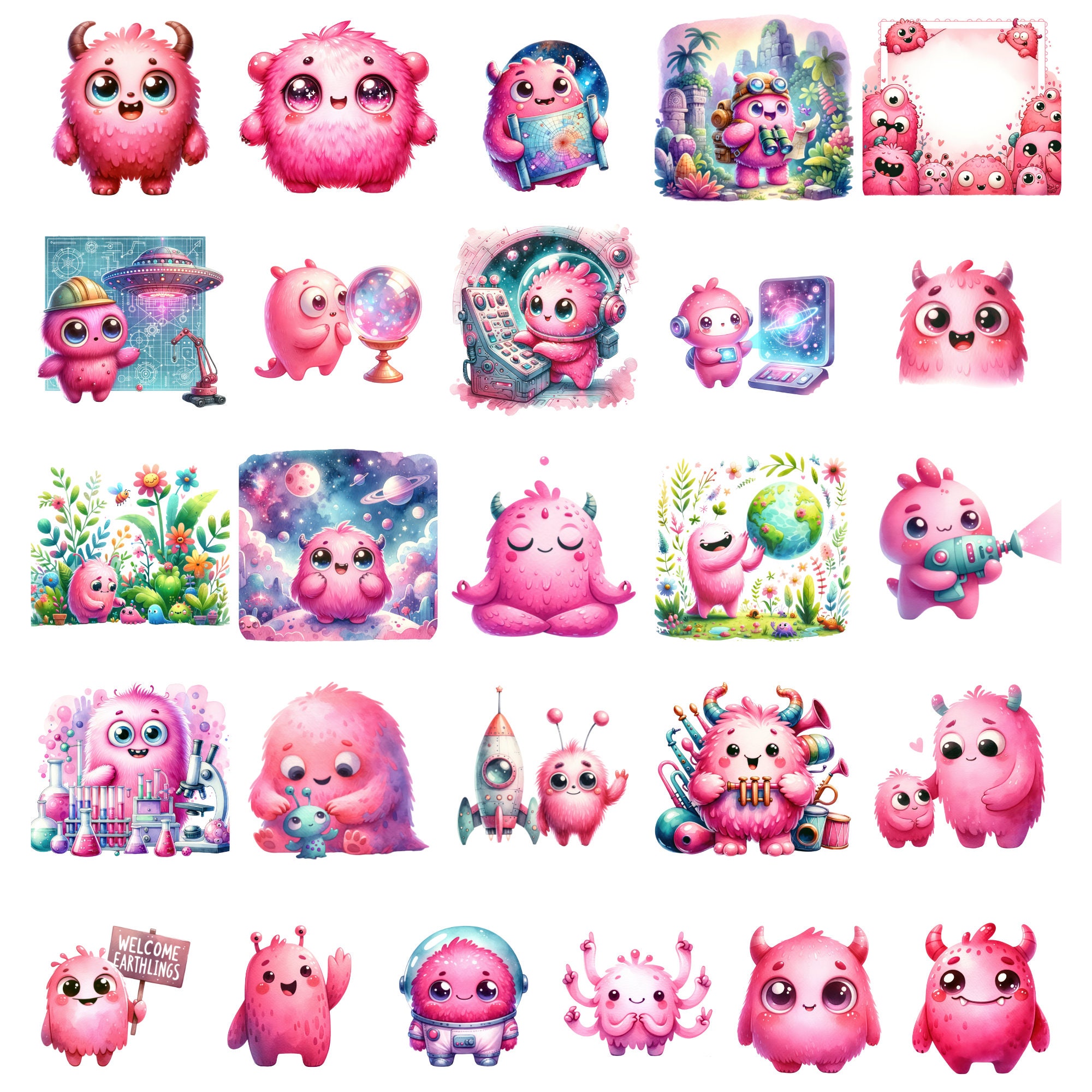 Cute Pink Monsters Watercolor Clipart - 26 PNG Transparent Images ...