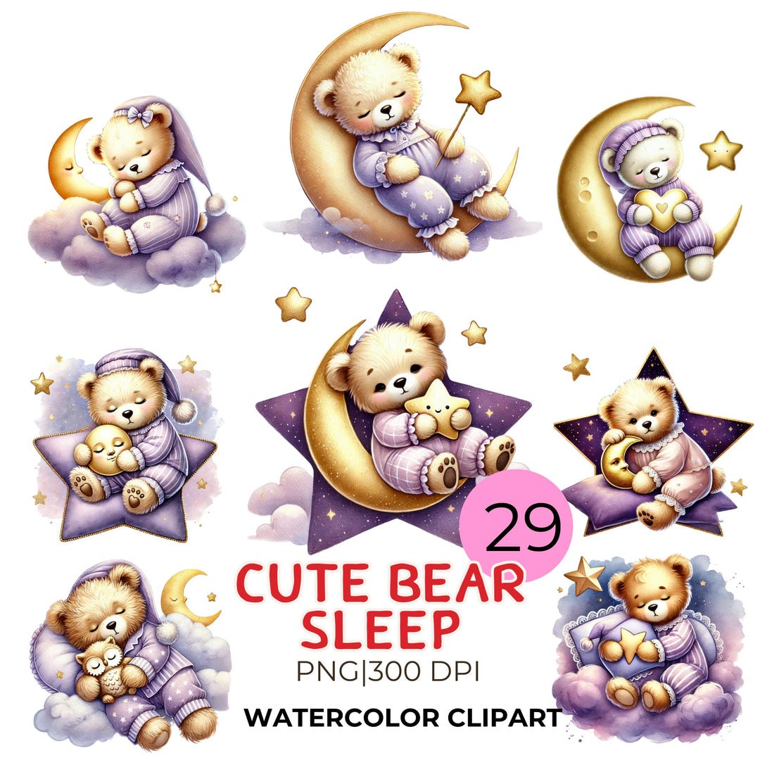 Sleeping Bear Clipart - Cute Moon and Star Bear Pngs, Baby Nursery ...