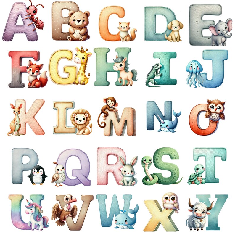 Animal Alphabet Watercolor Clipart - Cute Animal Letters & Numbers PNG ...