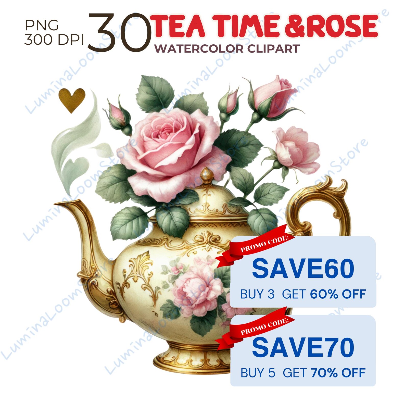 Rose Teapot Clipart - Vintage Tea Time Illustrations PNG, Floral Teapot ...