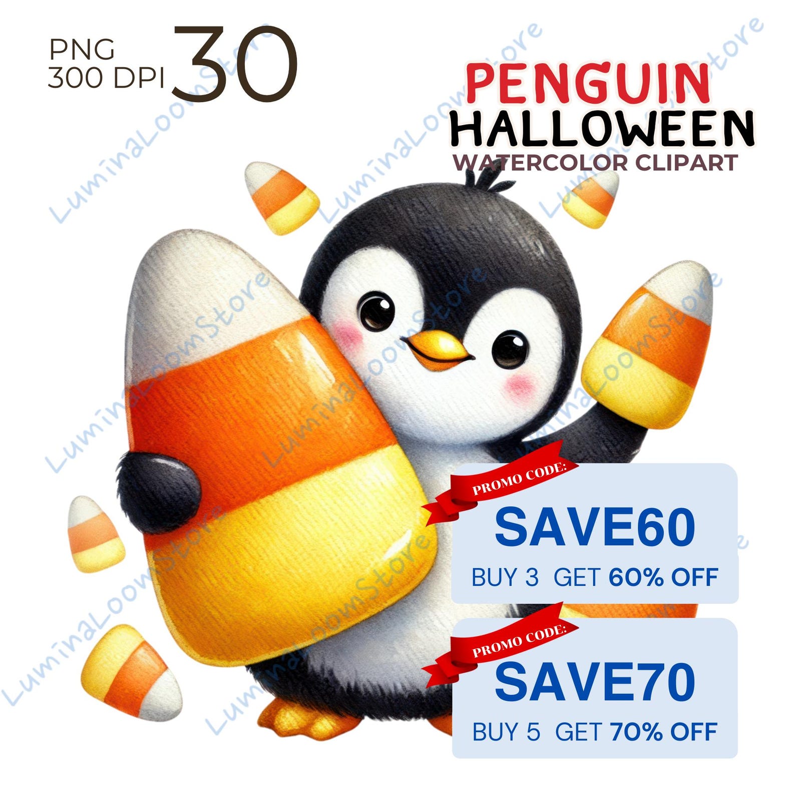 Watercolor Penguin Halloween Clipart: 30 PNG Images (digital Download ...