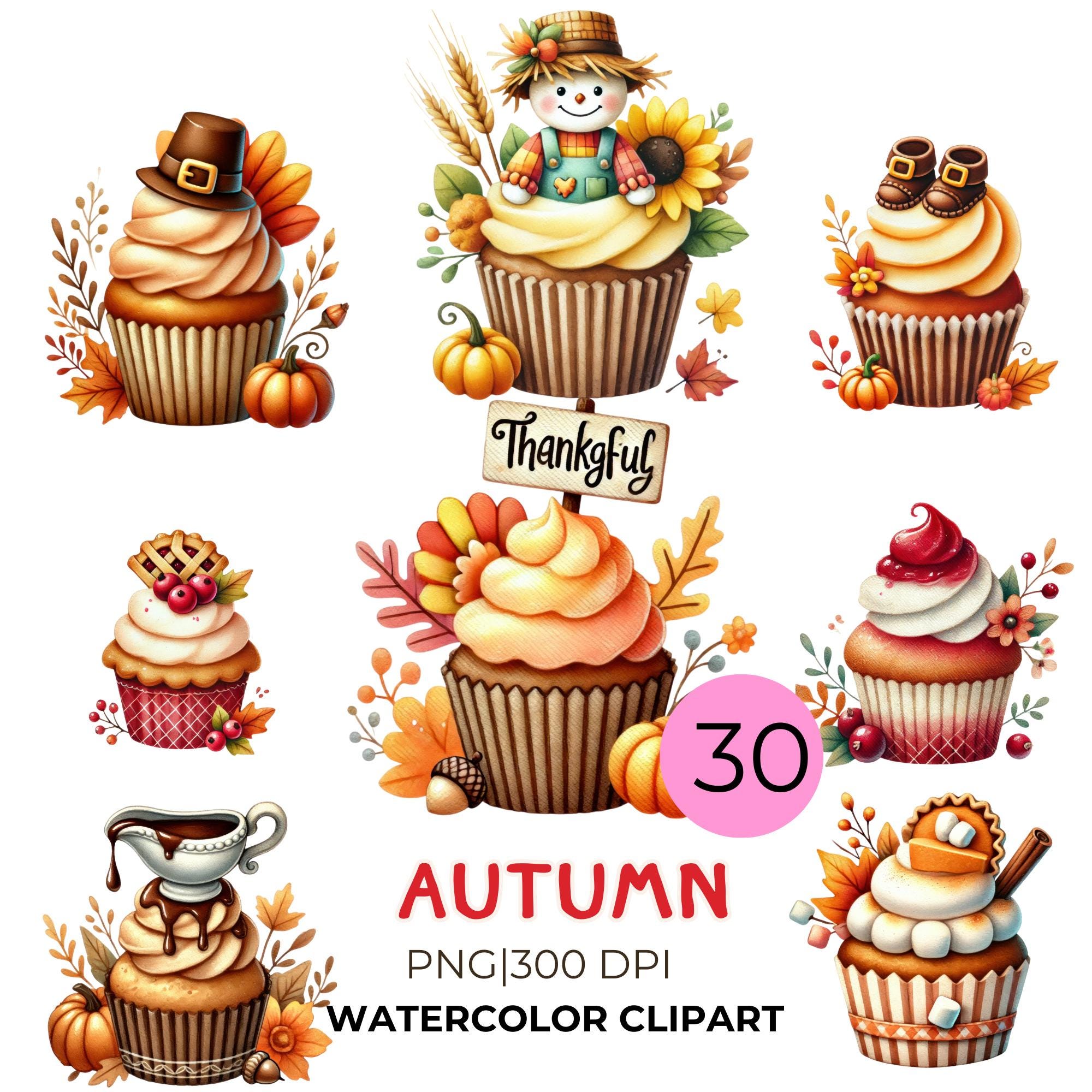 Thanksgiving Cupcake Clipart - Fall Watercolor PNG Files for Crafts ...