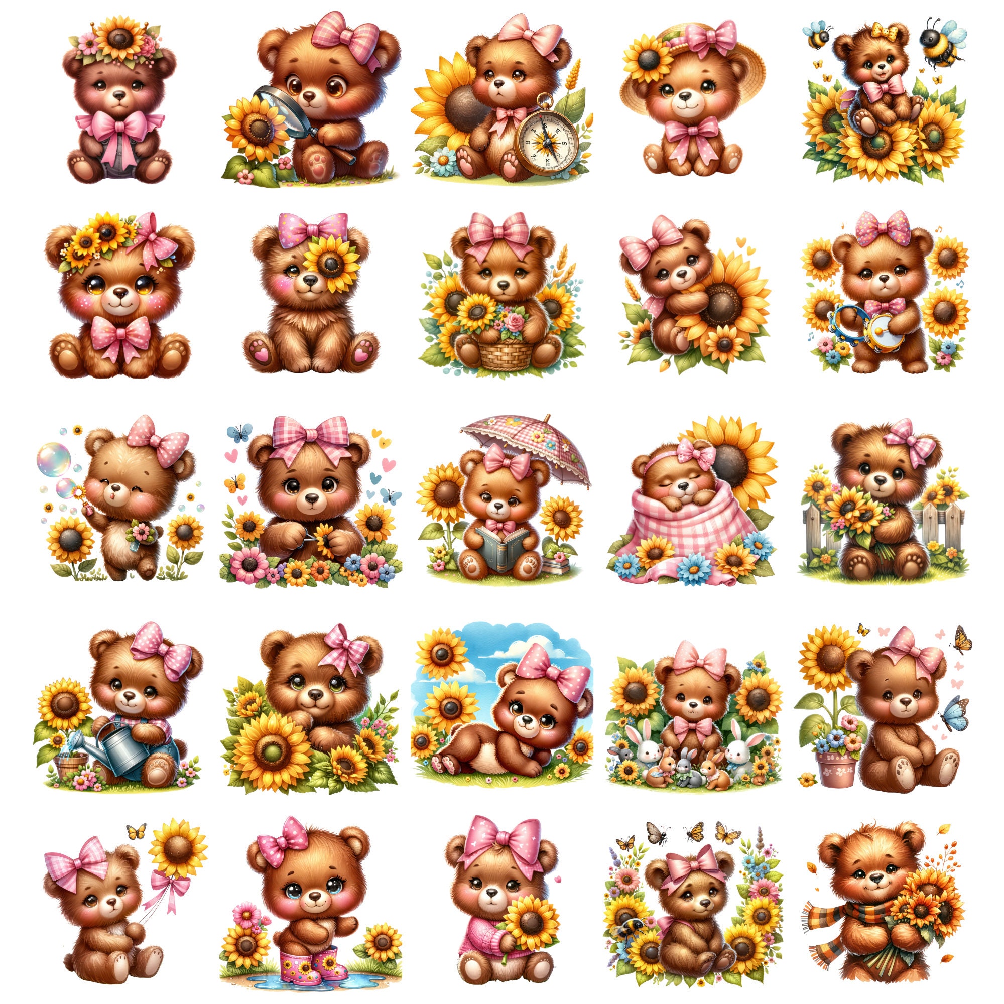 Sunflower Bear Clipart, Watercolor Sunflower Bear, Sunflowers, Teddy ...
