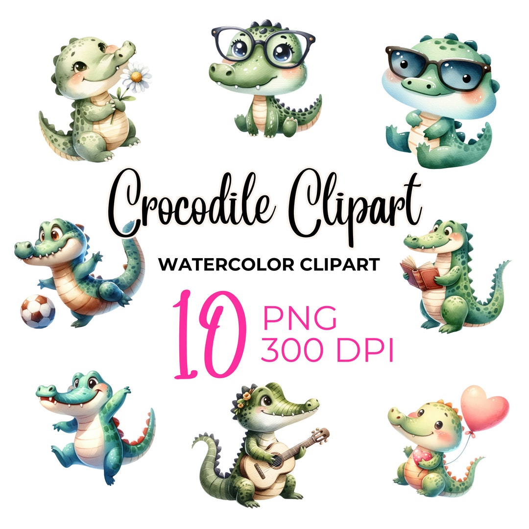 Whimsical Crocodile Watercolor Clipart Set: Playful Alligator PNG ...