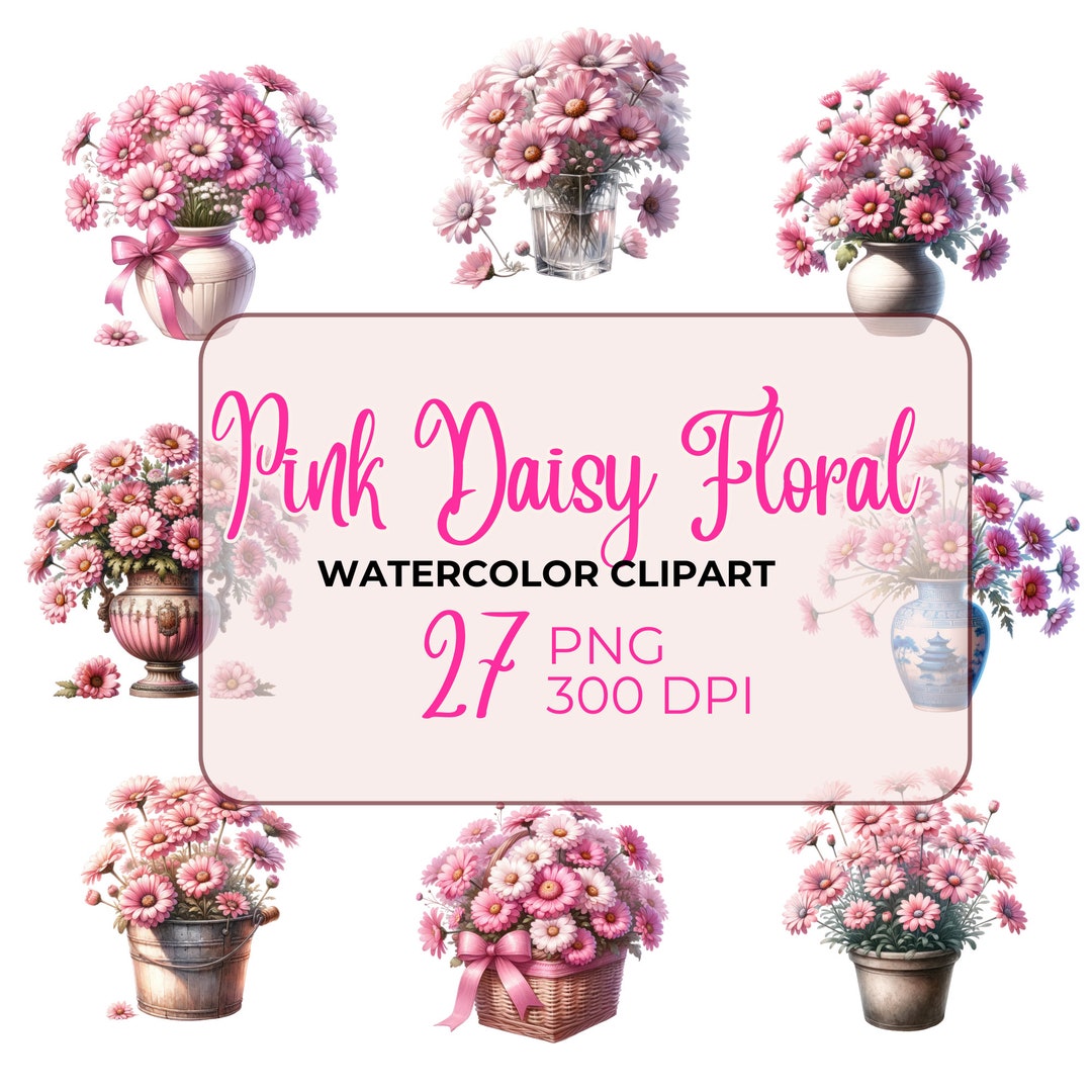 Pink Daisy Floral Watercolor Clipart - Etsy