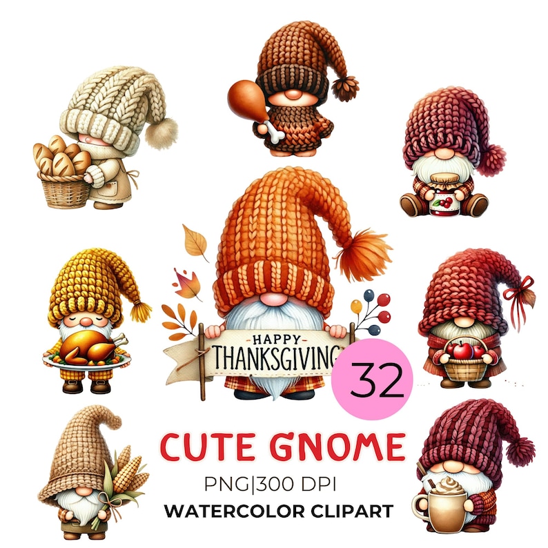 Thanksgiving Gnome Clipart Set | Fall Watercolor PNG | Cute Gnome ...