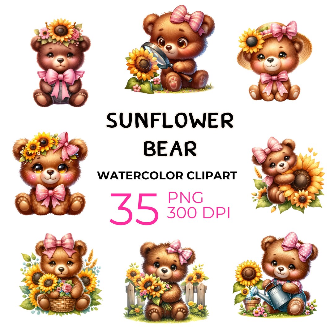 Sunflower Bear Clipart, Watercolor Sunflower Bear, Sunflowers, Teddy ...