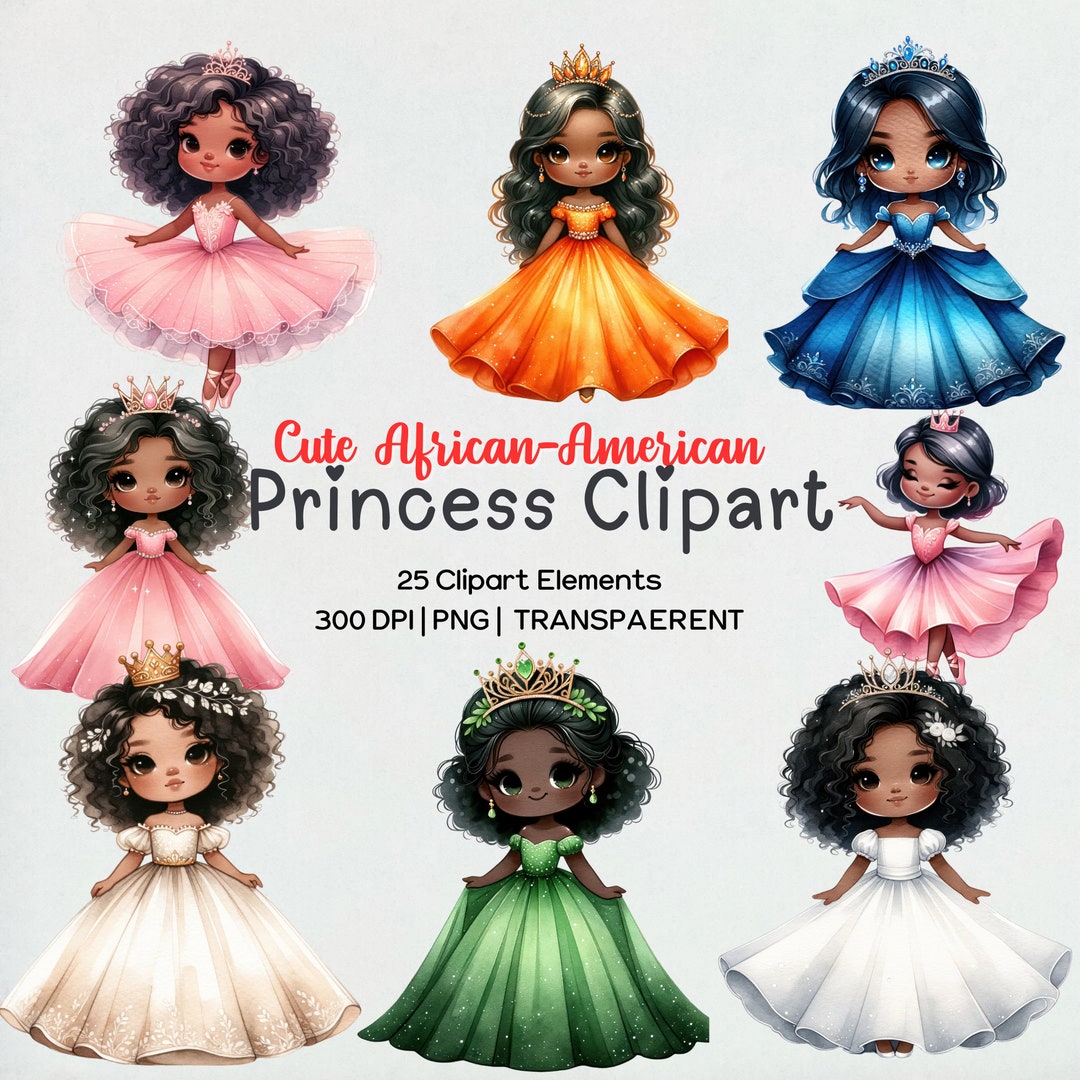 Watercolor Charming African American Princess Clipart Set - Digital PNG ...