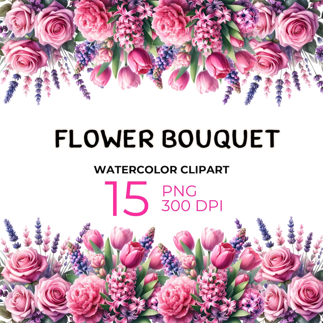 Watercolor Floral Clipart Set - Pink and Lavender Flower Bouquet PNG ...