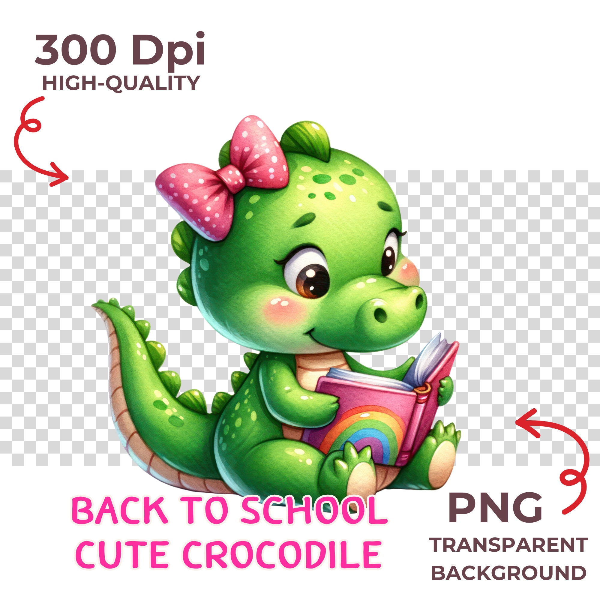 Schooltime Crocodile Clipart - Playful Watercolor Alligator ...
